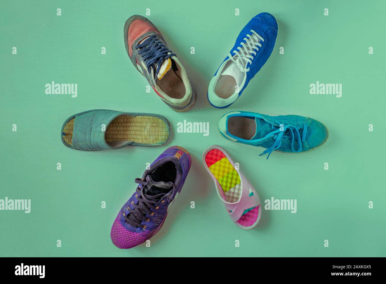 a view from above of some various casual shoes flat lay Stock Photo - Alamy