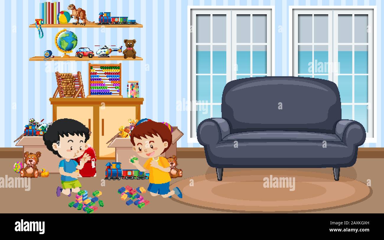 Scene with two boys playing in living room illustration Stock Vector ...