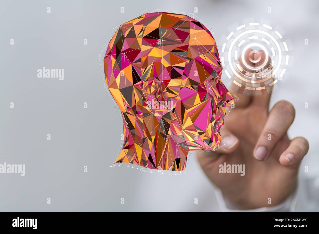 Person touching a virtual projection of a human head - frame of mind ...