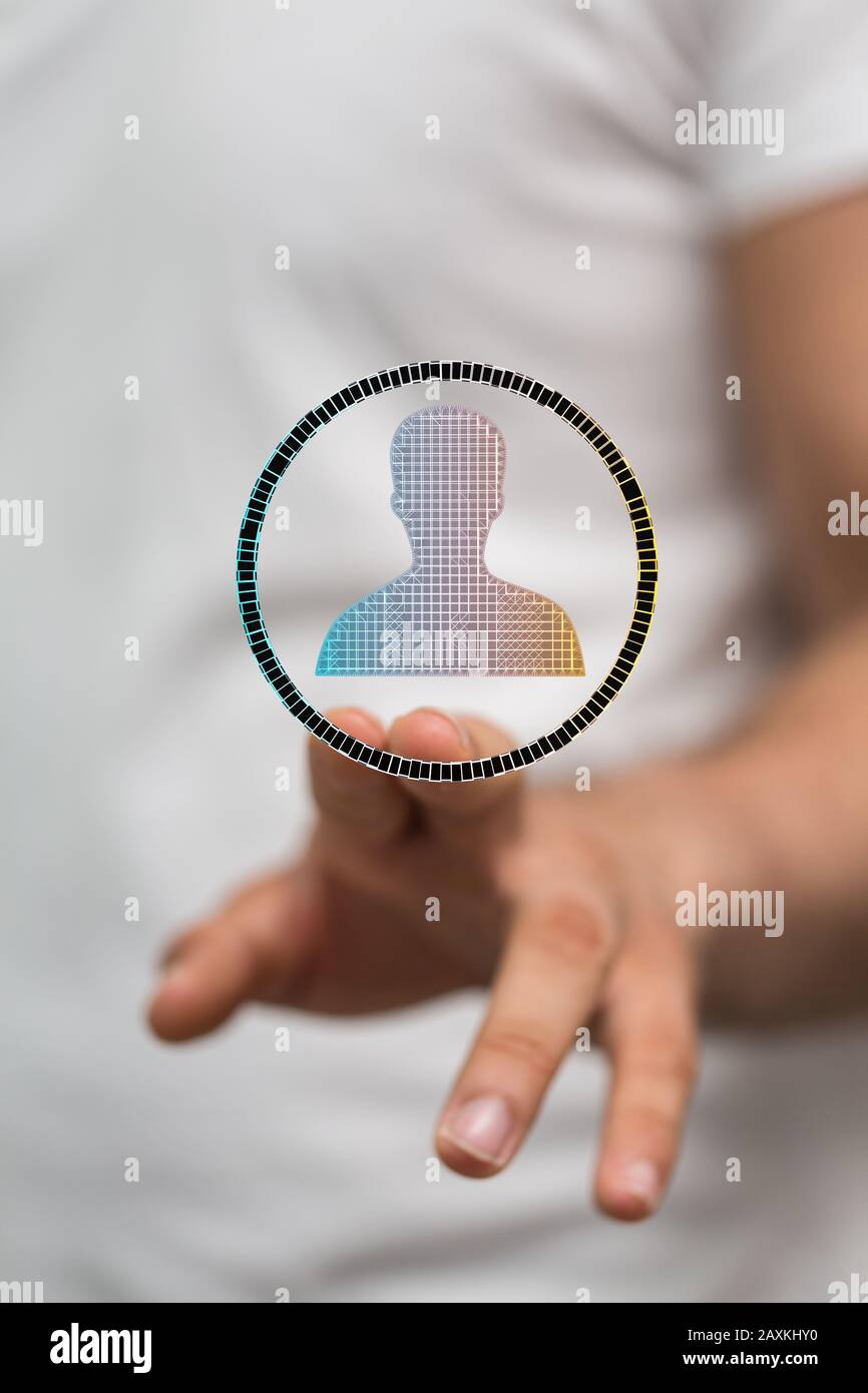Person touching a virtual projection of a composition of a human face ...