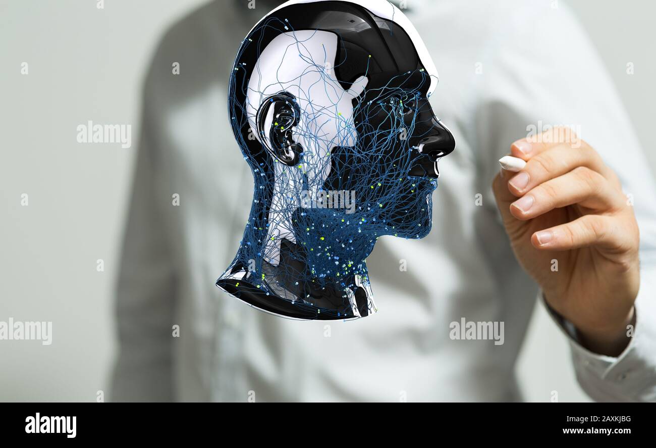 Person touching a virtual projection of a human head - frame of mind ...