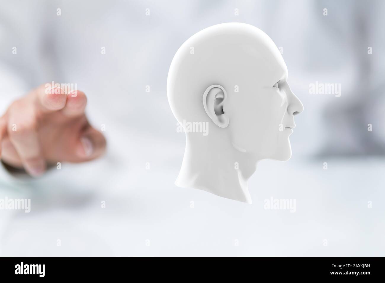 Person touching a virtual projection of a human head - frame of mind ...