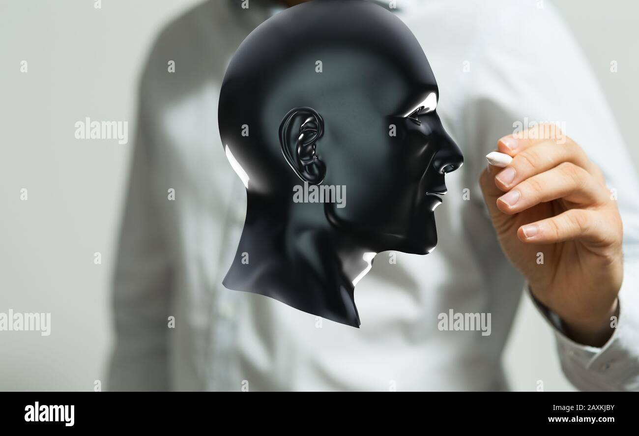 Person touching a virtual projection of a human head - frame of mind ...