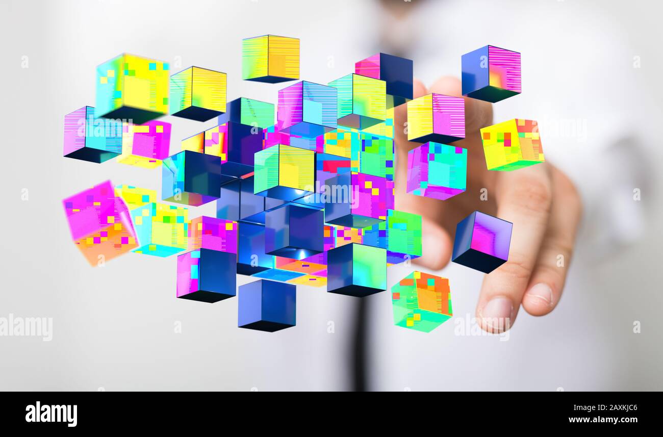 Businessman presenting a virtual projection of data networking Stock ...