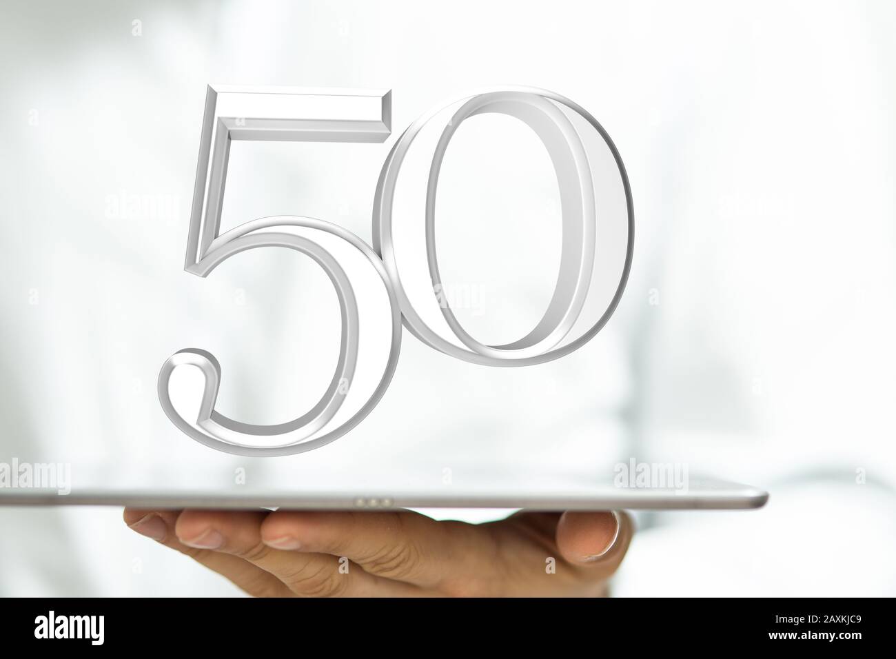 Person presenting a virtual projection of the digital number fifty ...