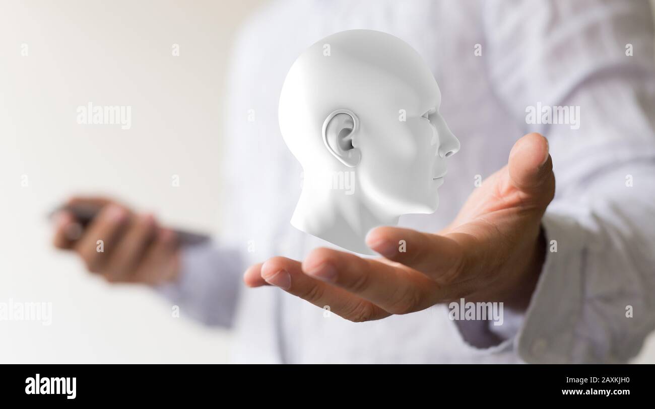 Person touching a virtual projection of a human head - frame of mind ...