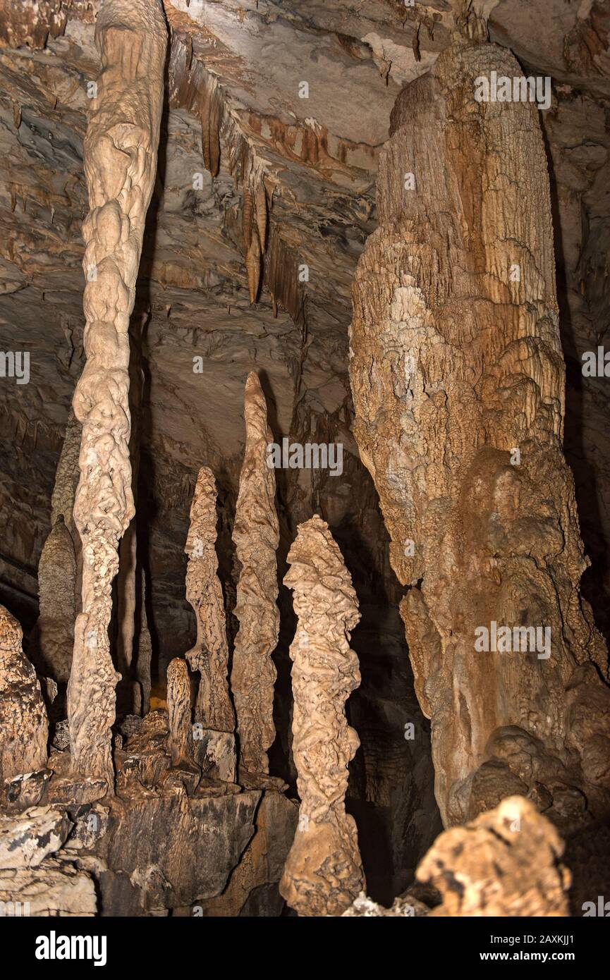 Stalagmites, stalactites and stalagnates, drip stone columns in the ...