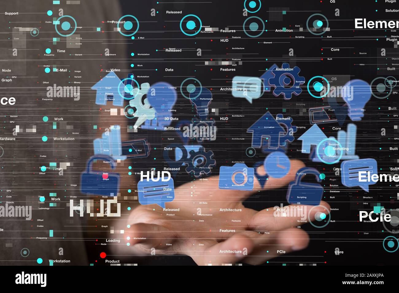 Human hand presenting the digital projection of communication ...