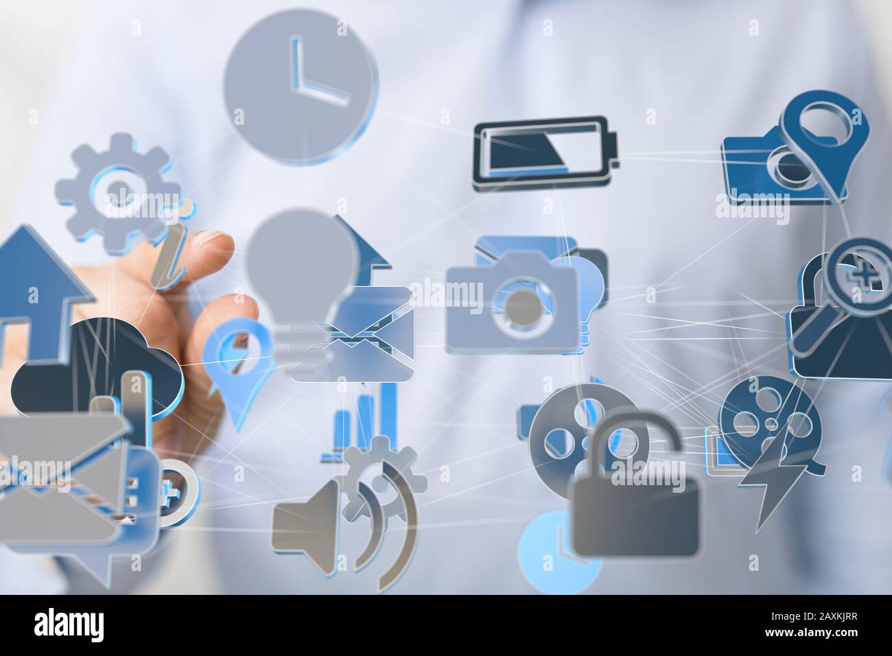 Human hand presenting the digital projection of communication ...