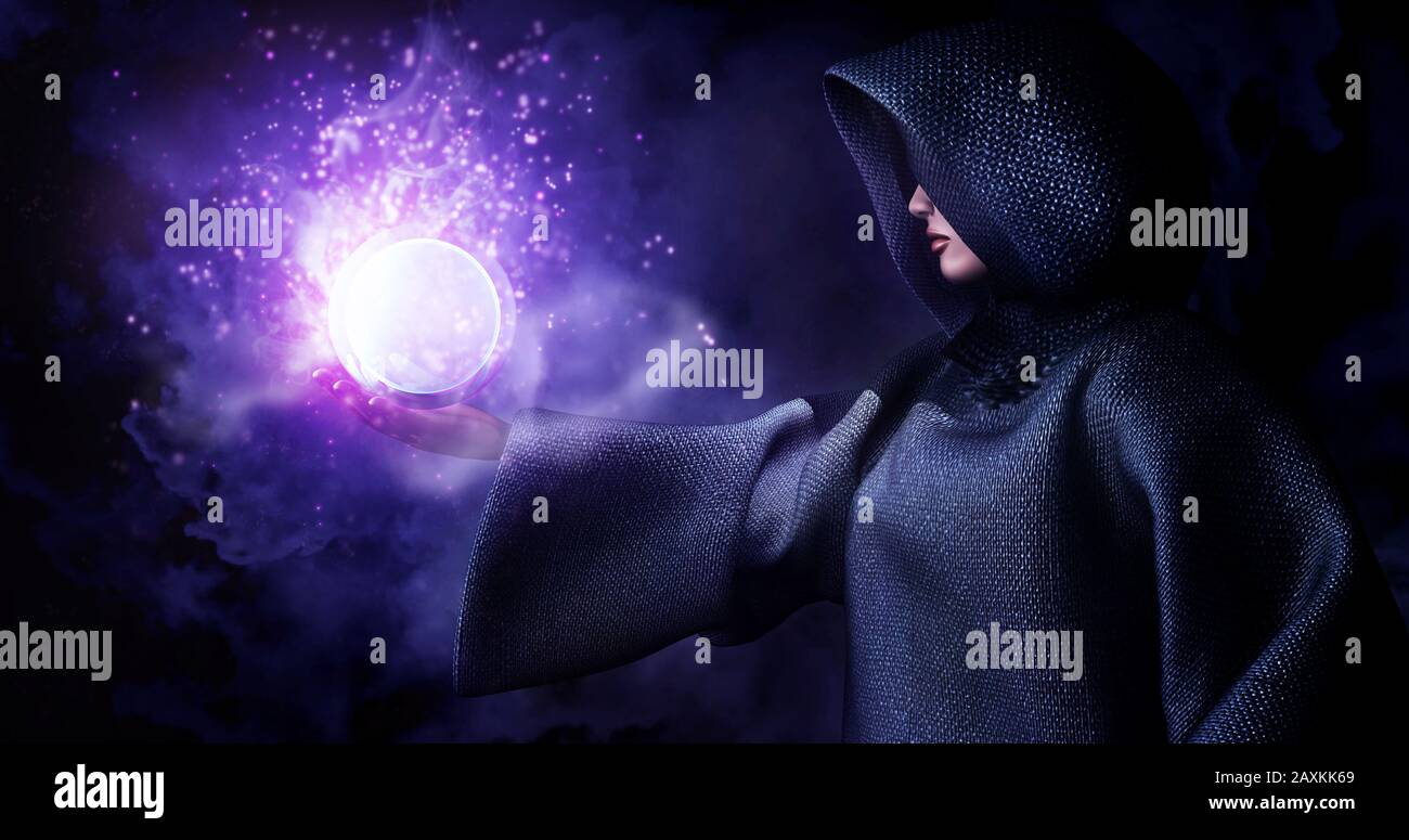 Witch raise hand control ball-glass to cast a black magic spell to ...
