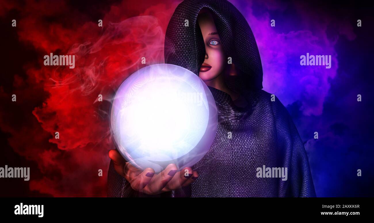 Witch hold ball glass on right hand and spell magic with abstract smoke ...