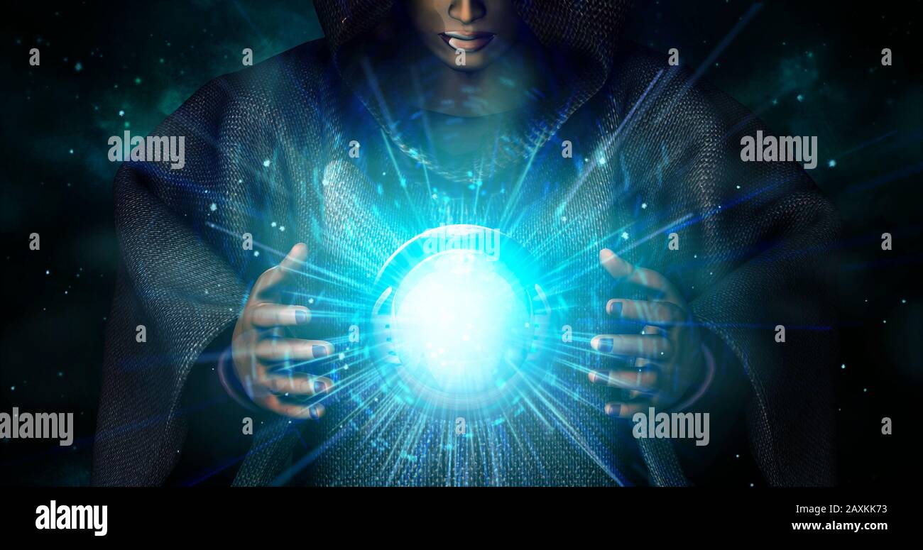 Witch raise hand control ball-glass to cast a black magic spell to ...