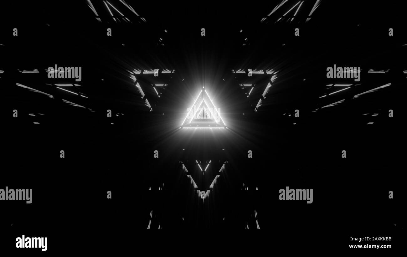 Greyscale shot of a geometric triangular figure in neon laser light ...