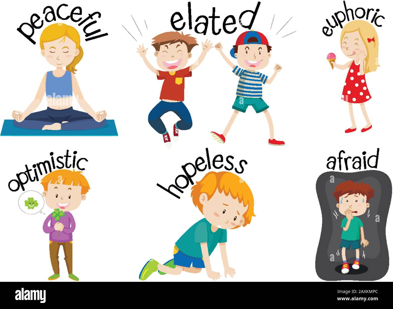 Set of children doing activities with adjectives illustration Stock ...