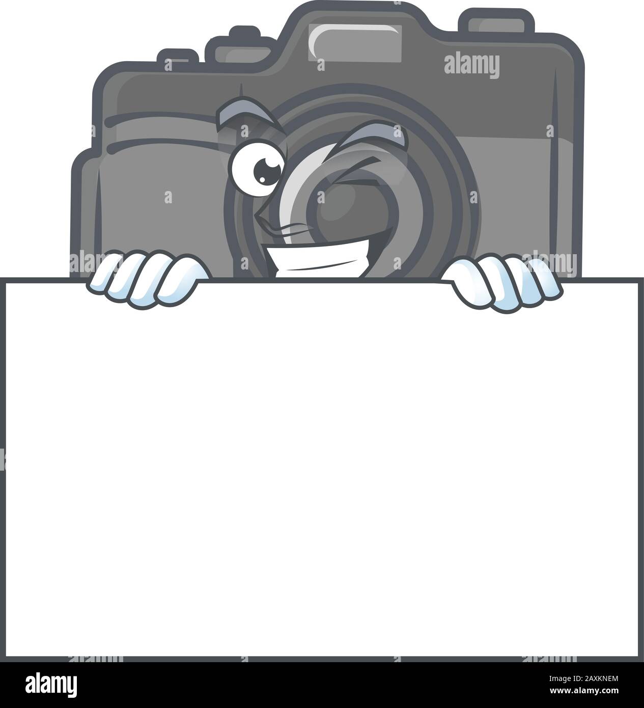 Digital camera cartoon character with funny face hides behind a board ...