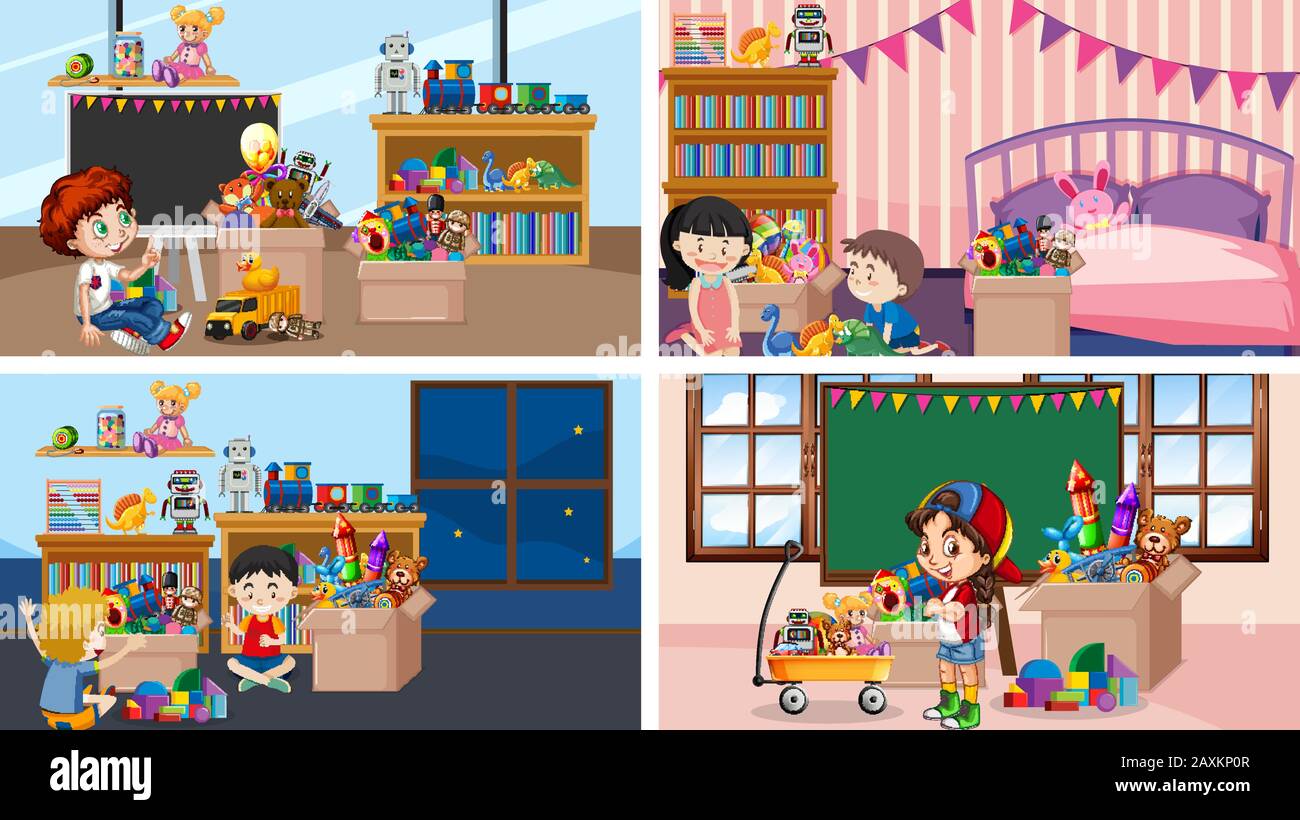 Four scenes with children playing in different rooms illustration Stock ...