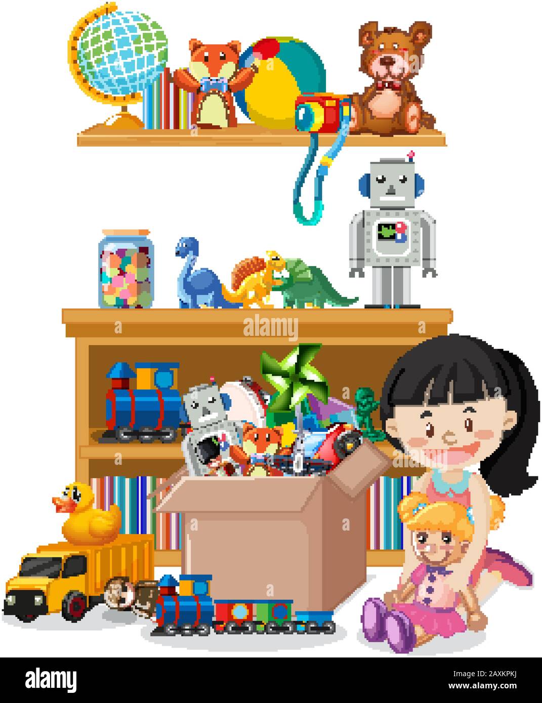 Scene with many toys on the shelf and girl playing doll illustration ...