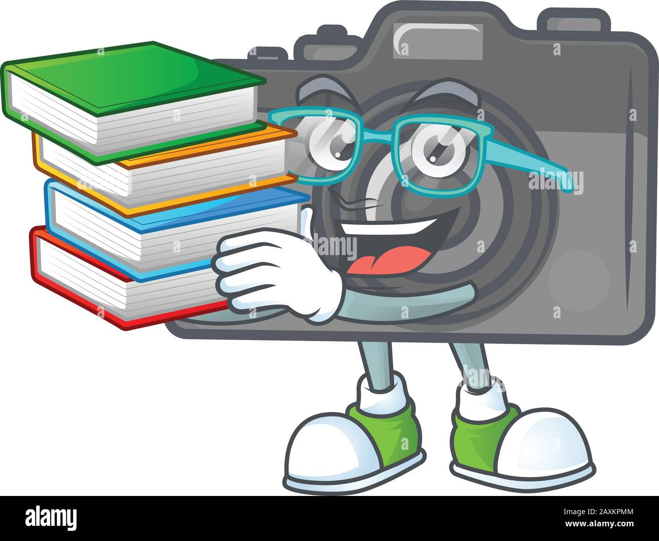 A brainy clever cartoon character of digital camera studying with some ...