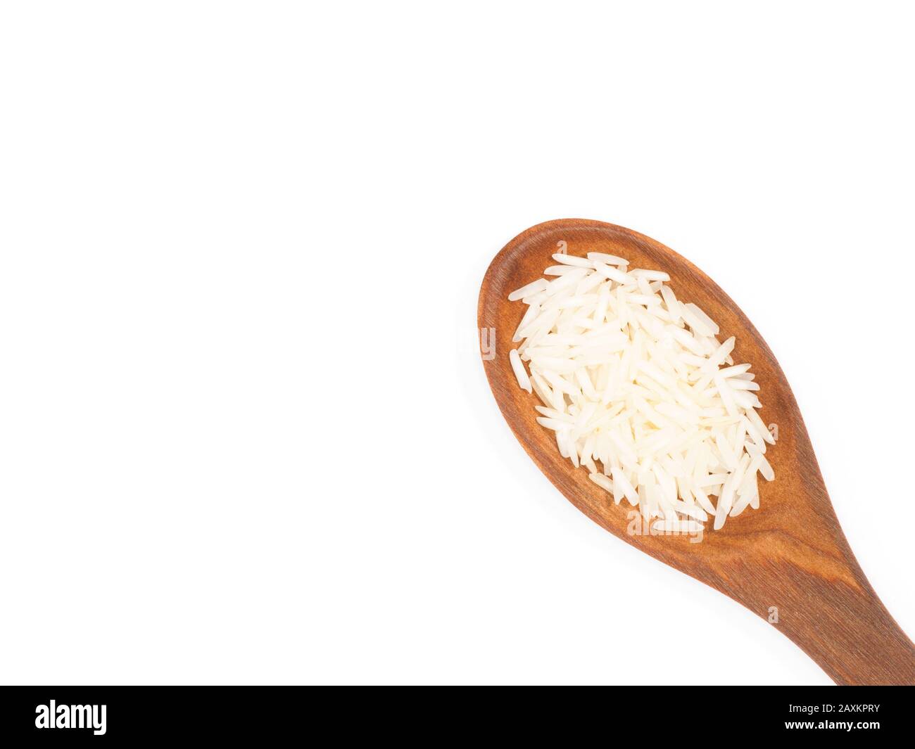 Indian long grain Basmati rice in brown wooden spoon isolated on white ...