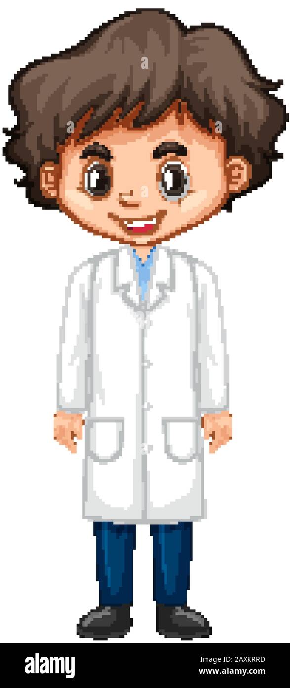 Boy in science gown standing on white background illustration Stock ...