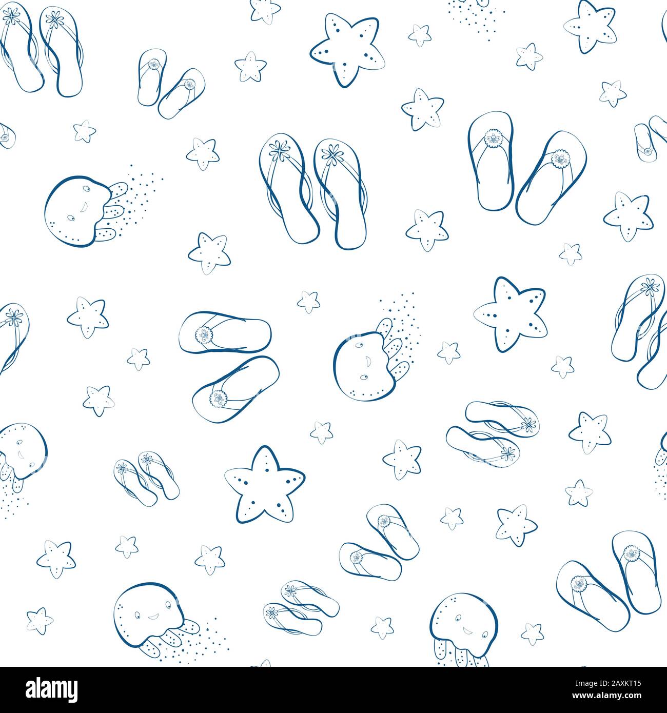 Seamless pattern with flip-flop shoes. Vector summer background. Hand drawn line art with cute ...