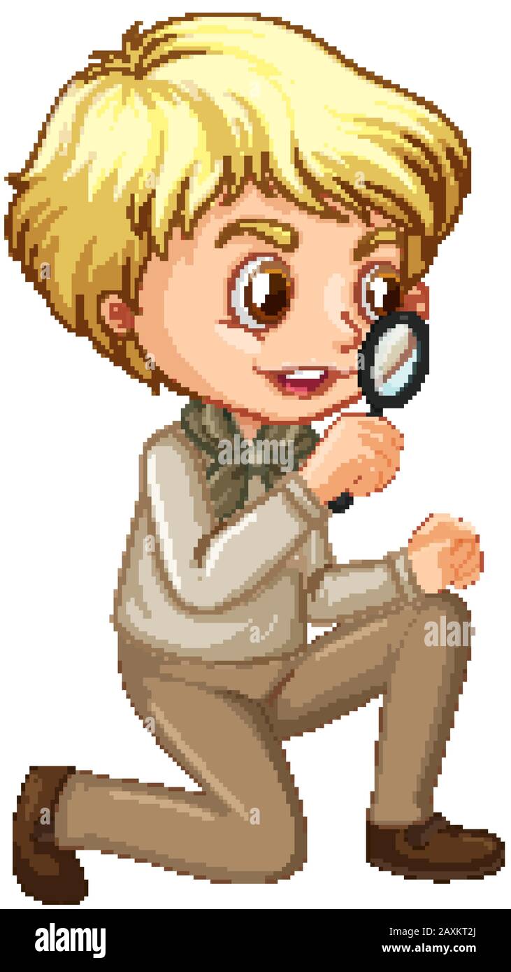 Boy in scout uniform with magnifying glass on white background ...
