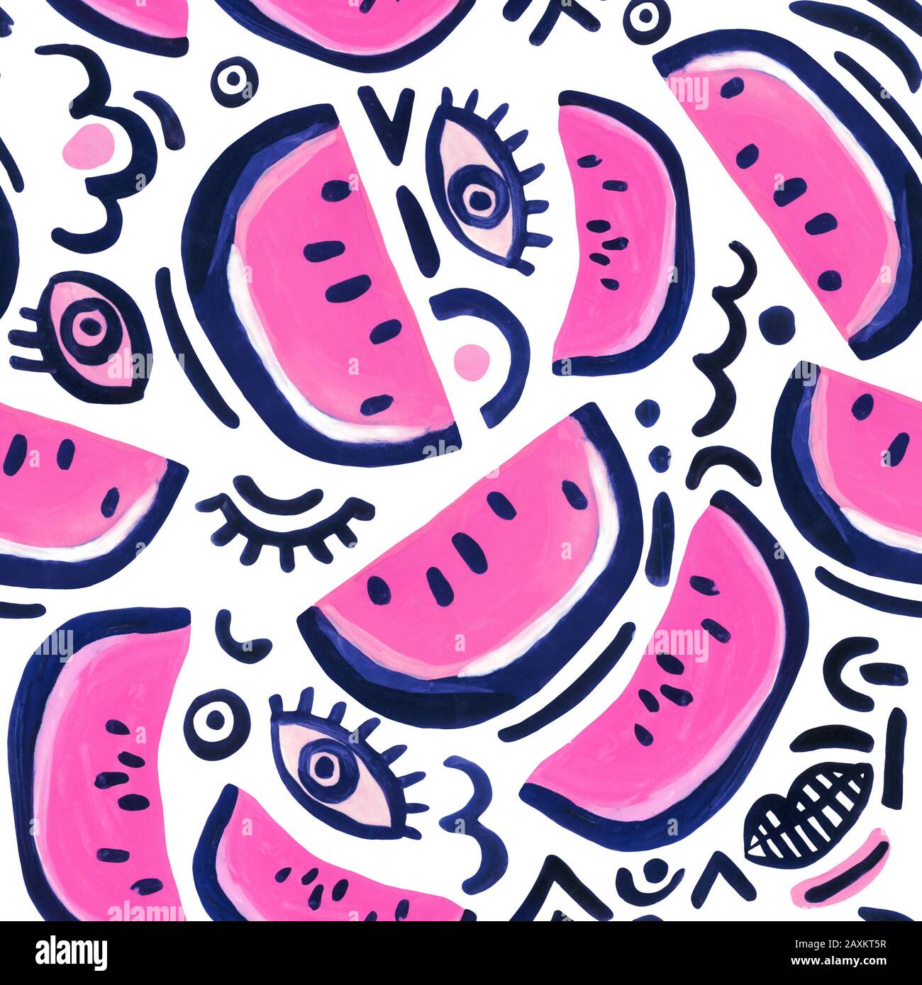 Pop art watercolor seamless pattern with watermelon, 80s 90s doodle ...
