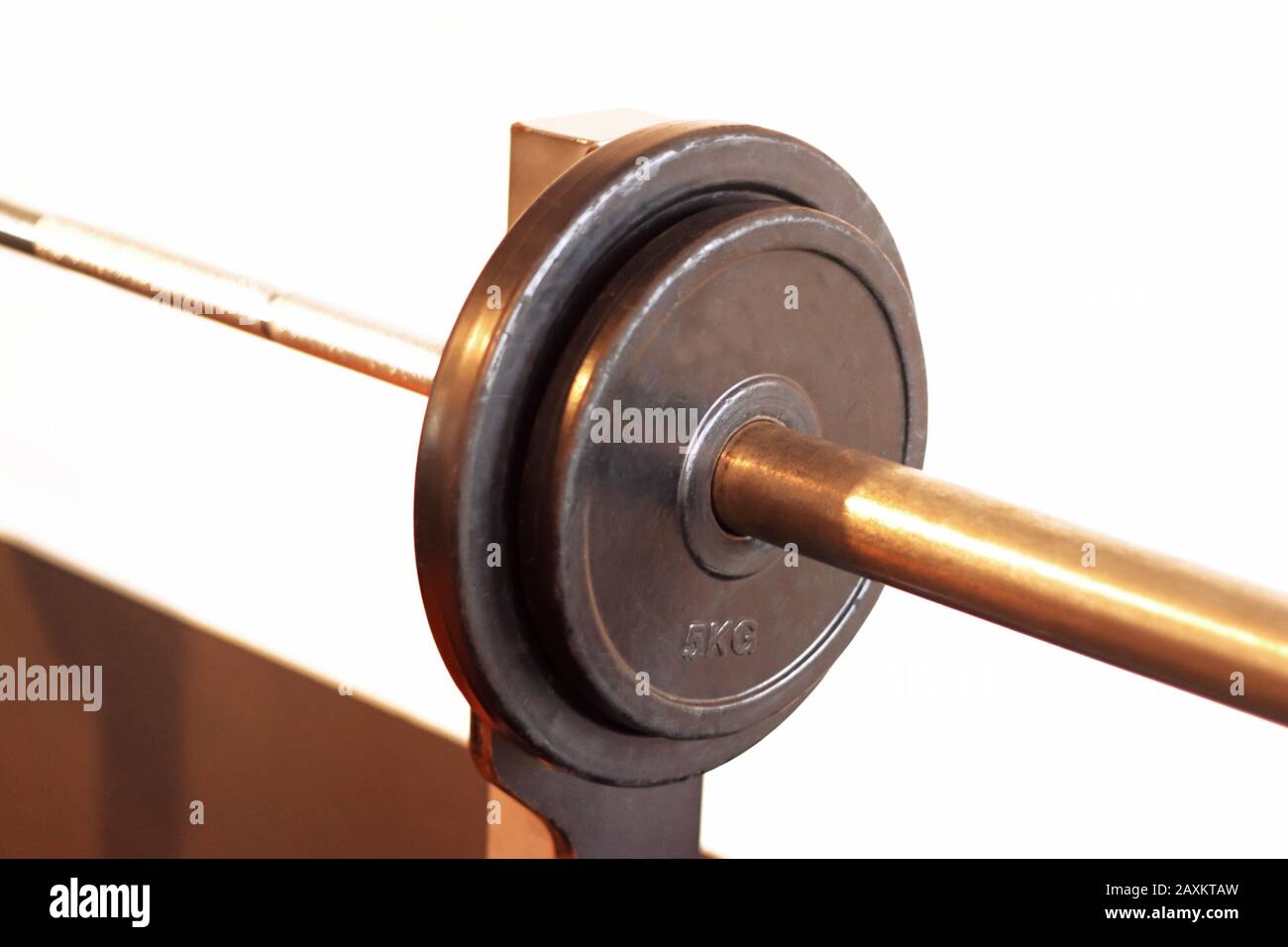 close-uo of a dumbbell bar with a five kilogram weight lying in a ...
