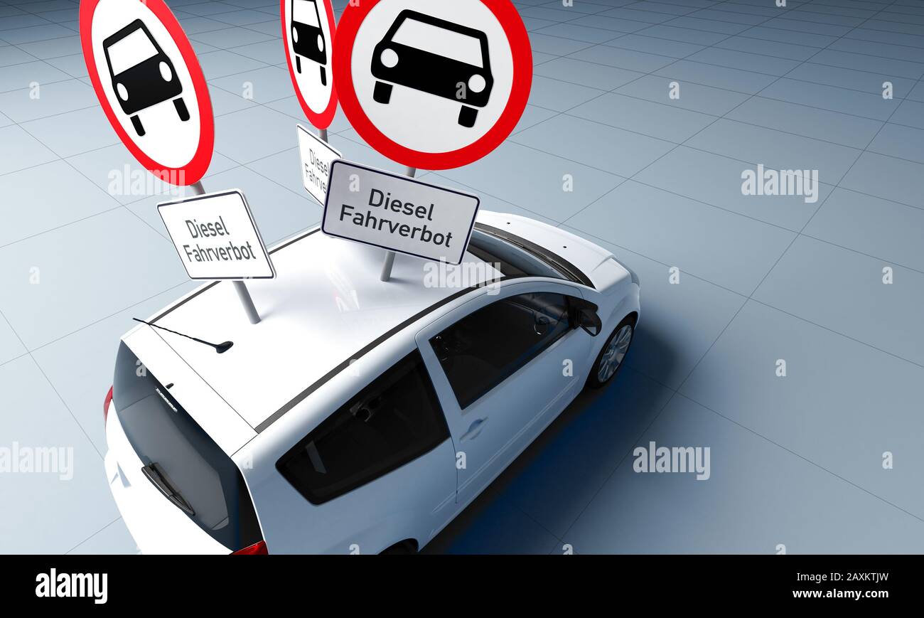 Diesel driving ban sign with german text stuck in car roof Stock Photo ...
