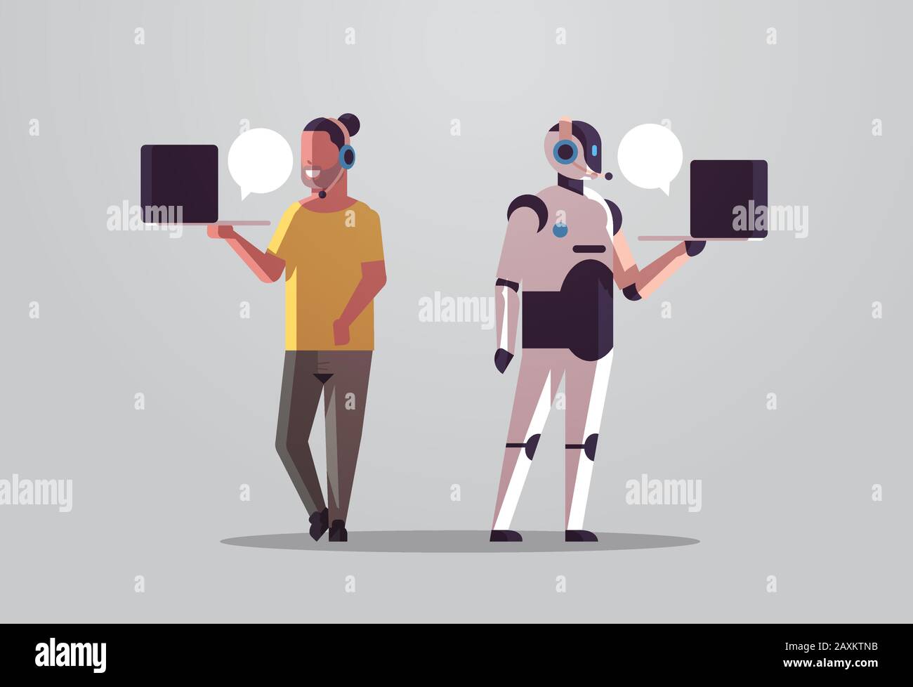 robotic operator with man consultant using laptop chat bubble client ...