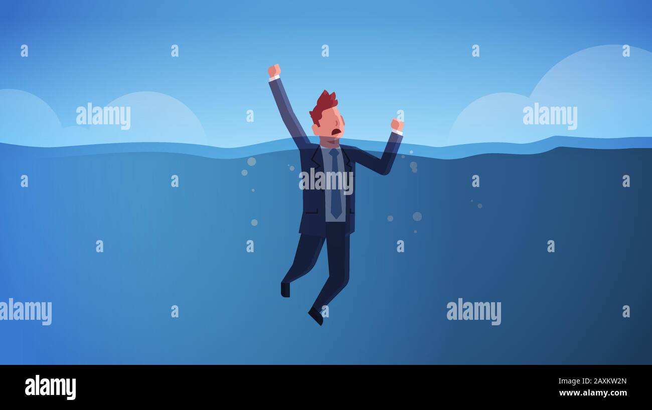 drowning businessman raising his hands out of water insolvency failure ...