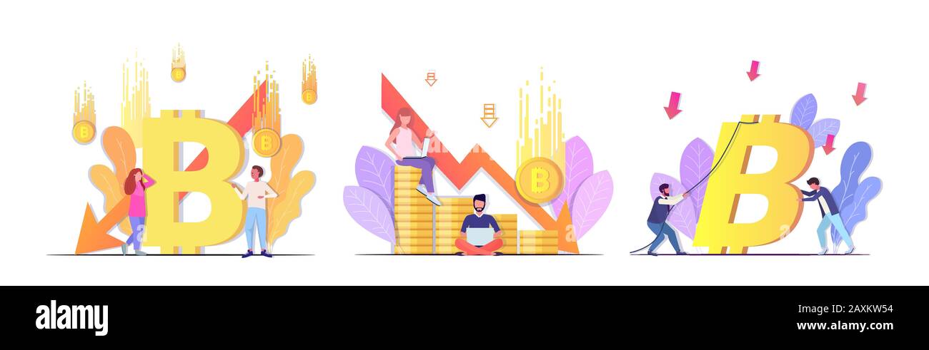 set businesspeople frustrated about fallen in price bitcoin collapse of crypto currency falling ...
