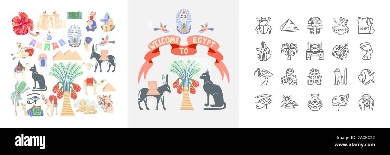 egyptian symbols set in different style, hand drawing icon egypt travel ...