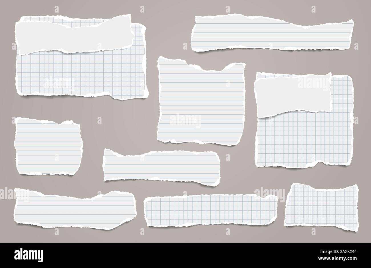Set of torn white lined note, notebook paper strips and pieces stuck on ... Set of torn white lined note, notebook paper strips and pieces stuck on ...