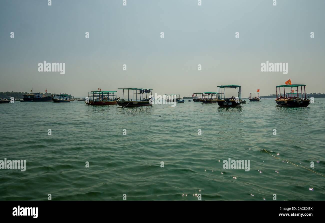 Malvan, India - December 24, 2019 : Tourist Boats and Blue Sea with ...
