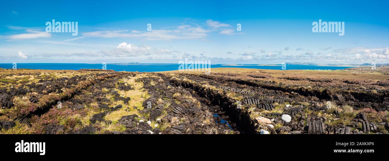 Cut bog for extraction of turf (peat) for traditional domestic fuel at ...
