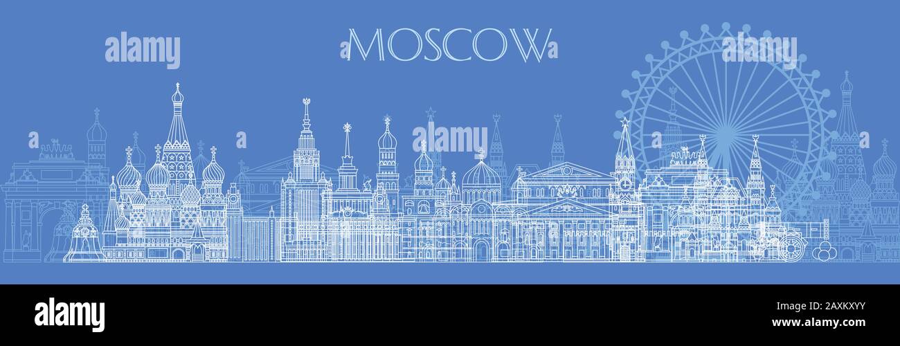 Panoramic vector line art illustration of landmarks of Moscow, Russia ...