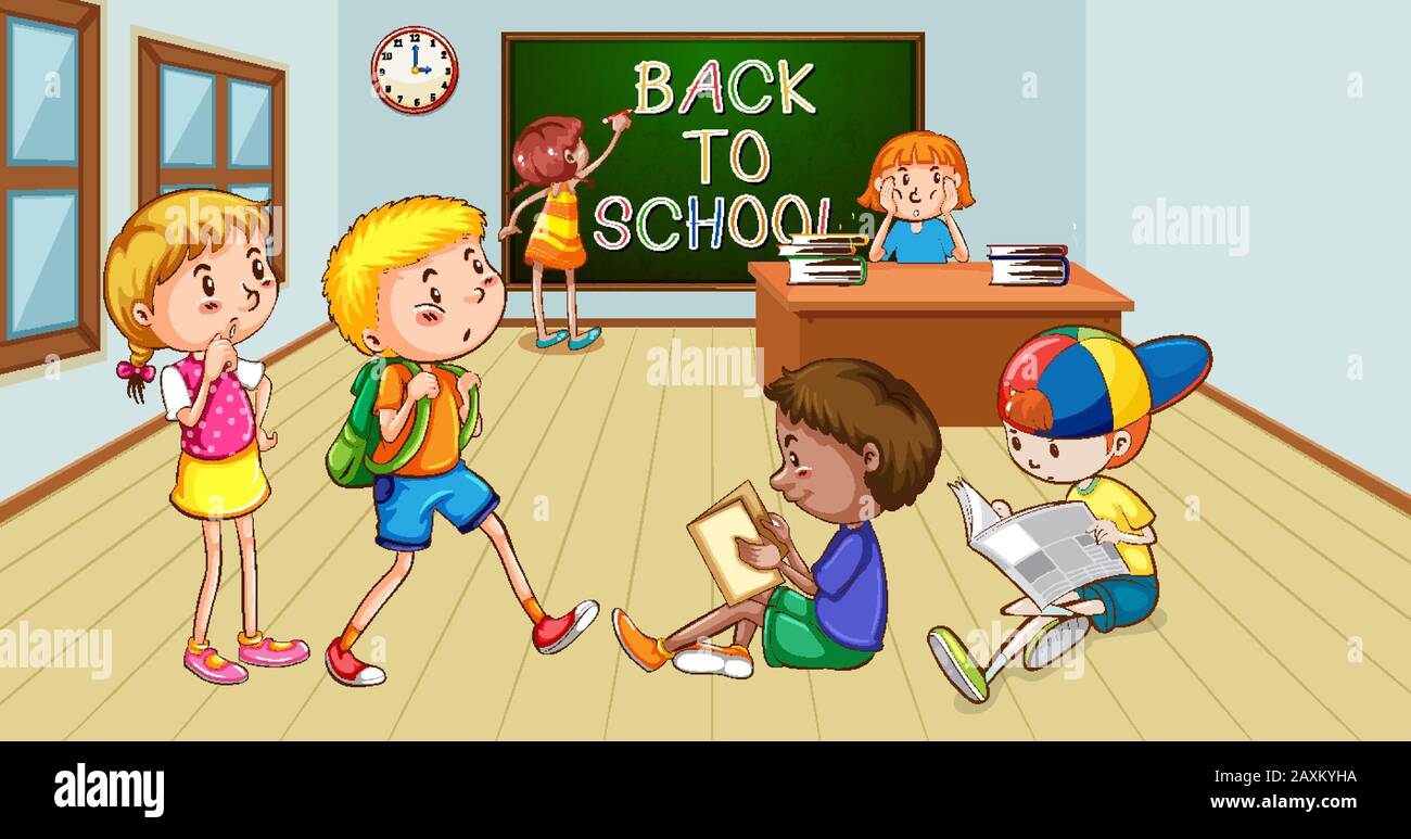 Scene with many children reading books in the classroom illustration ...