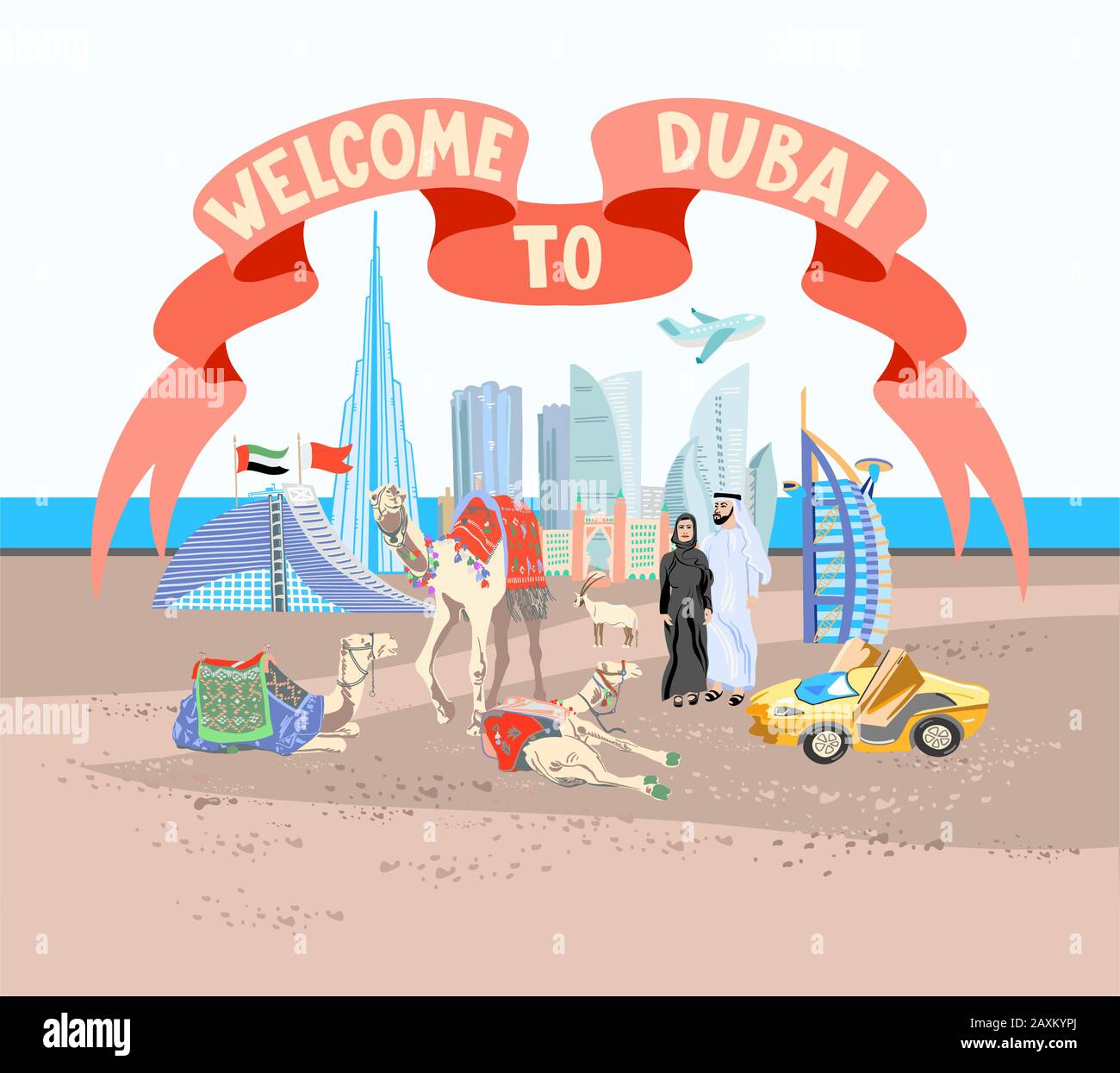 welcome to Dubai ribbon poster with hand drawing great symbols of Dubai ...