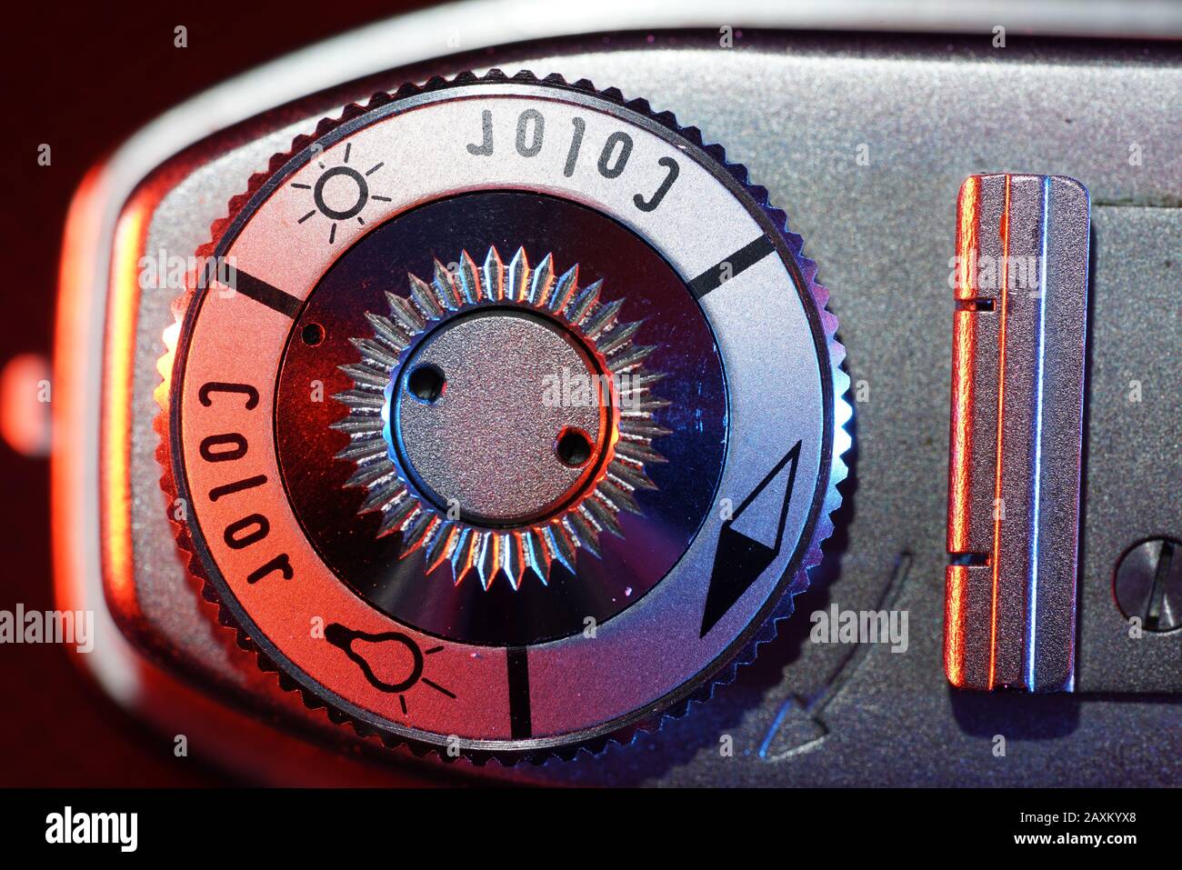 Setting wheel for ISO and aperture on an old camera photographed in the ...