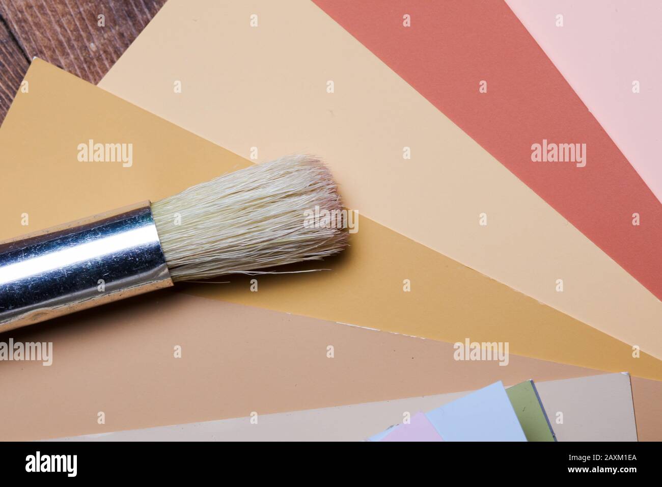 Brush with color samples background table top view Stock Photo - Alamy