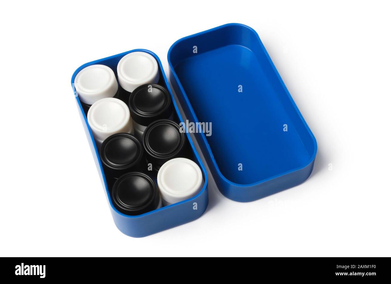 Set of checkers stacked in a blue plastic box isolated on white Stock ...