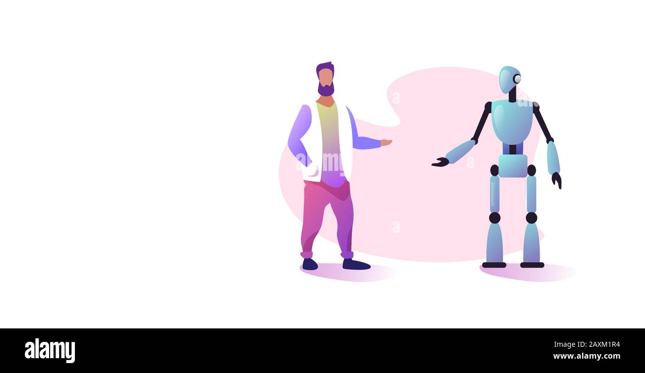 man with robotic character discussing during meeting artificial ...