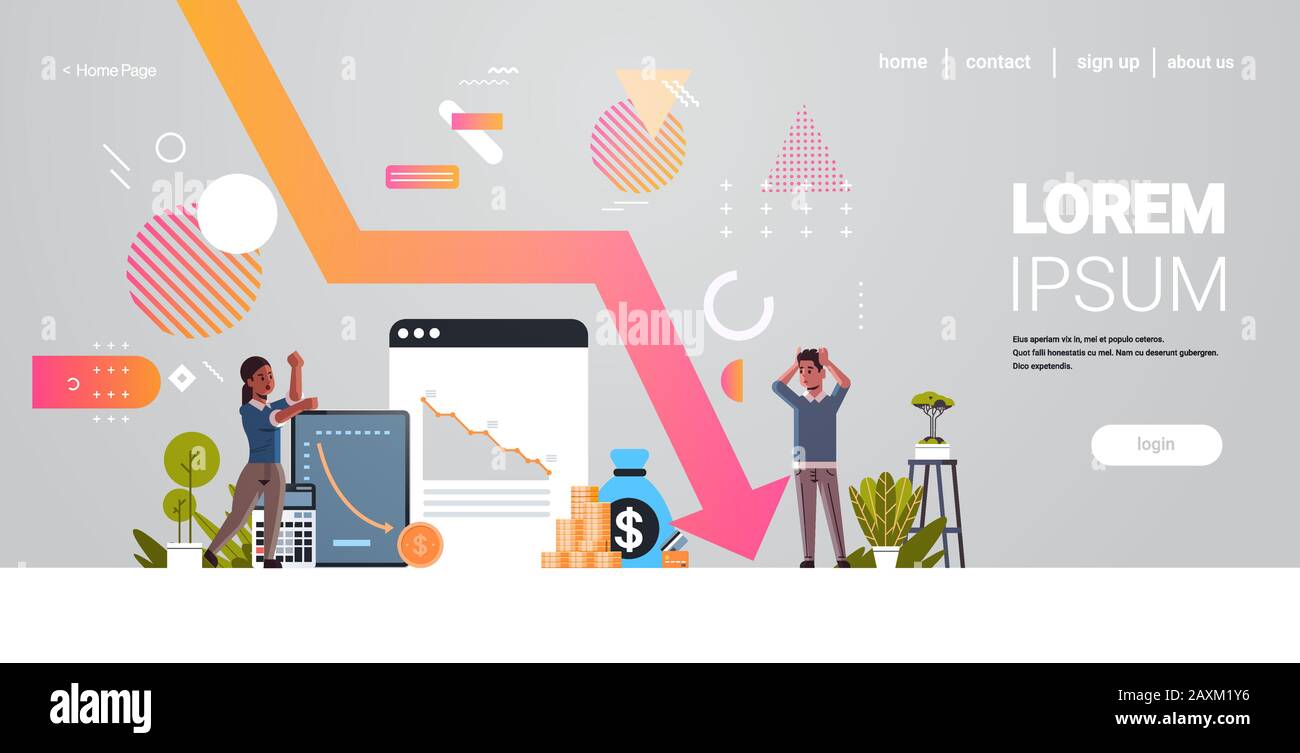 businesspeople frustrated about falling down arrow decrease economy stretching rising drop ...