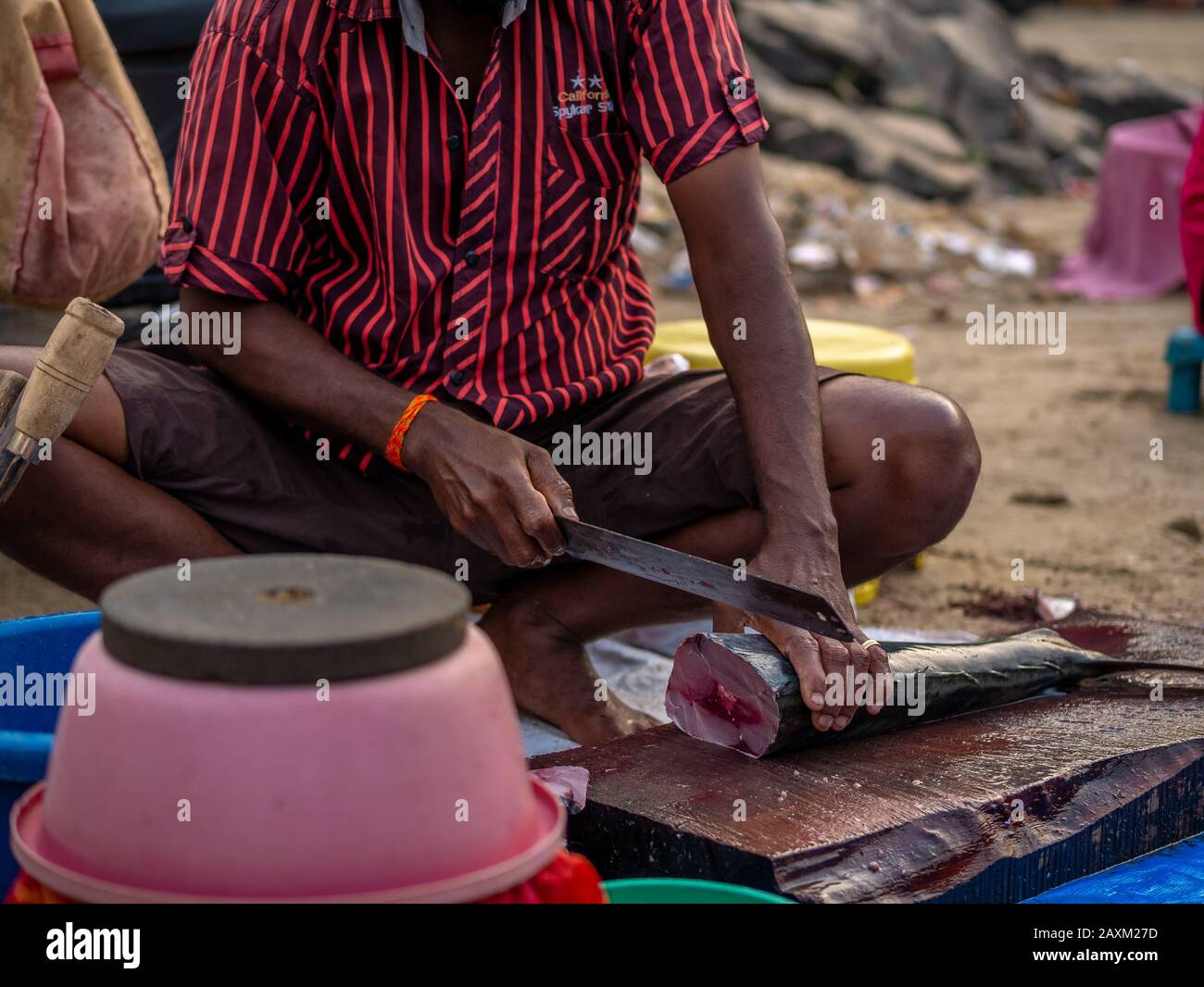 Malvan, India - December 26, 2019 : Unidentified fisherman cutting ...