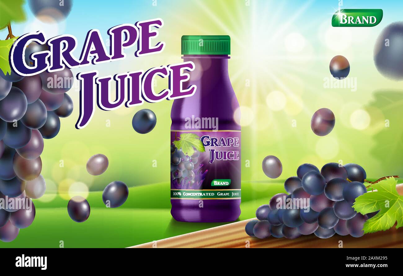 Grape juice bottle with sunny background on green grass. fruit juice ...
