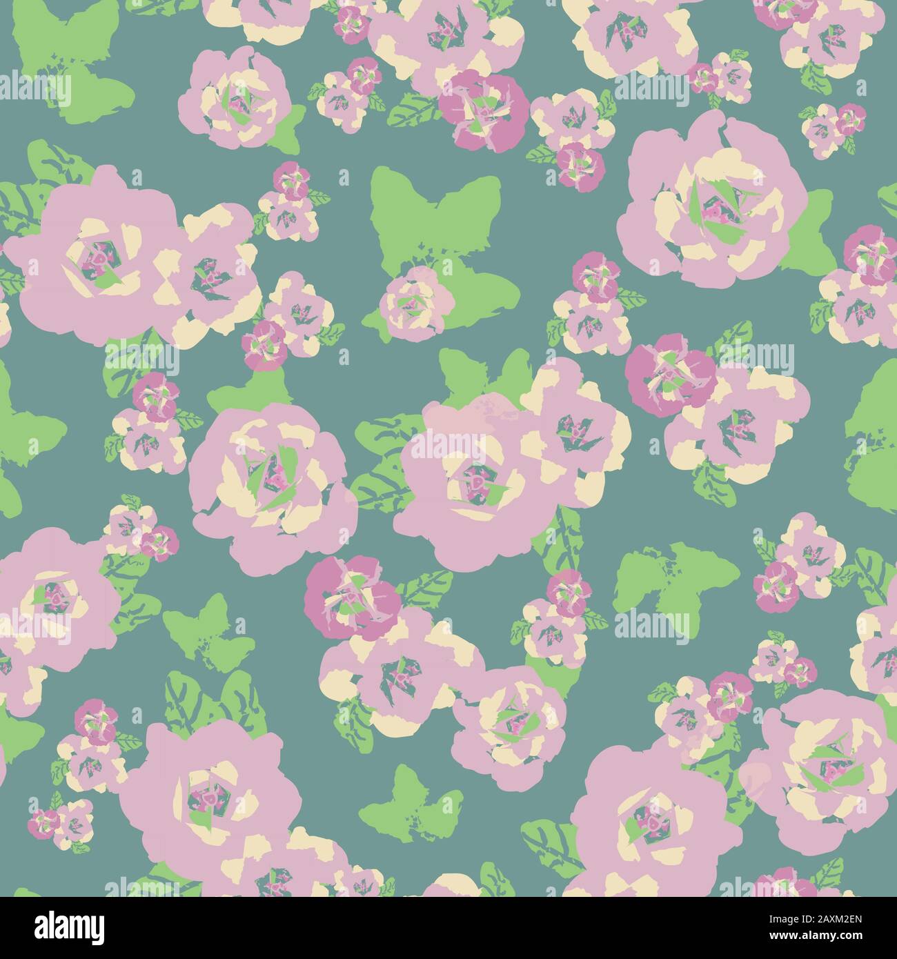 pink roses and green leaves graphic seamless vector pattern Stock ...