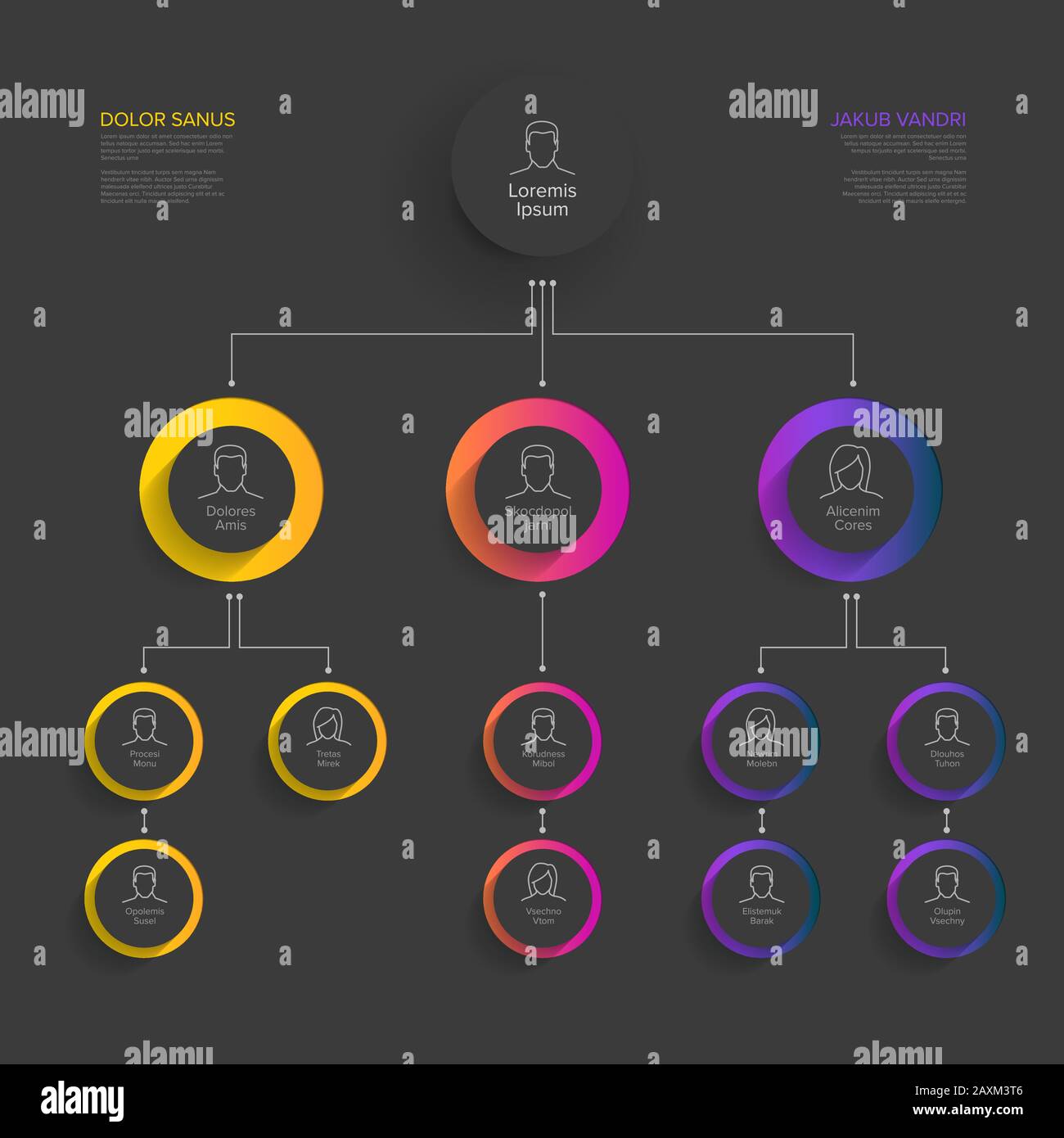 Minimalist company organization hierarchy chart template - blue, pink ...