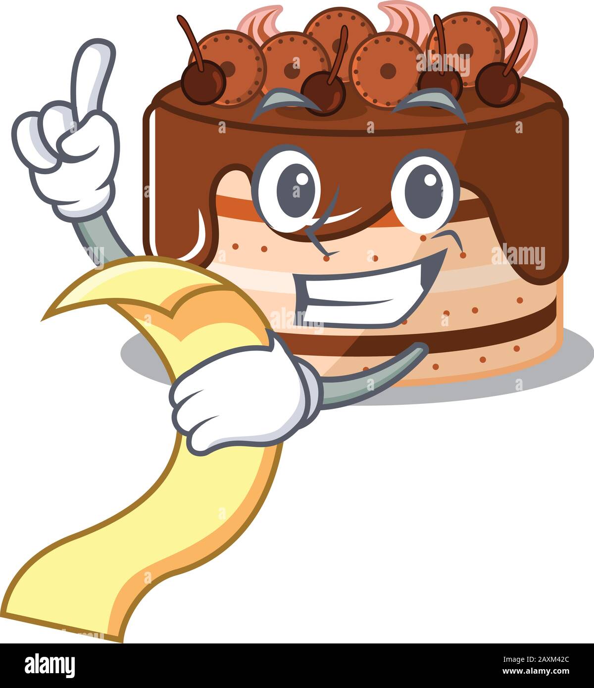 A funny cartoon character of chocolate cake holding a menu Stock Vector ...