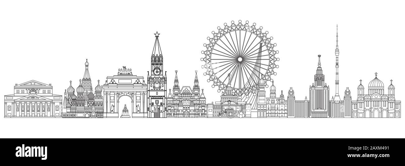 Panoramic vector line art illustration of landmarks of Moscow, Russia ...